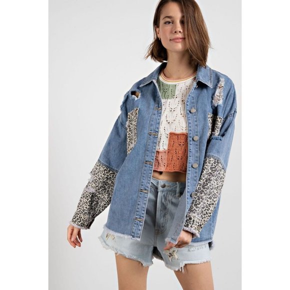 easel | Jackets & Coats | Easel Washed Denim Animal Leopard Print Mixed ...